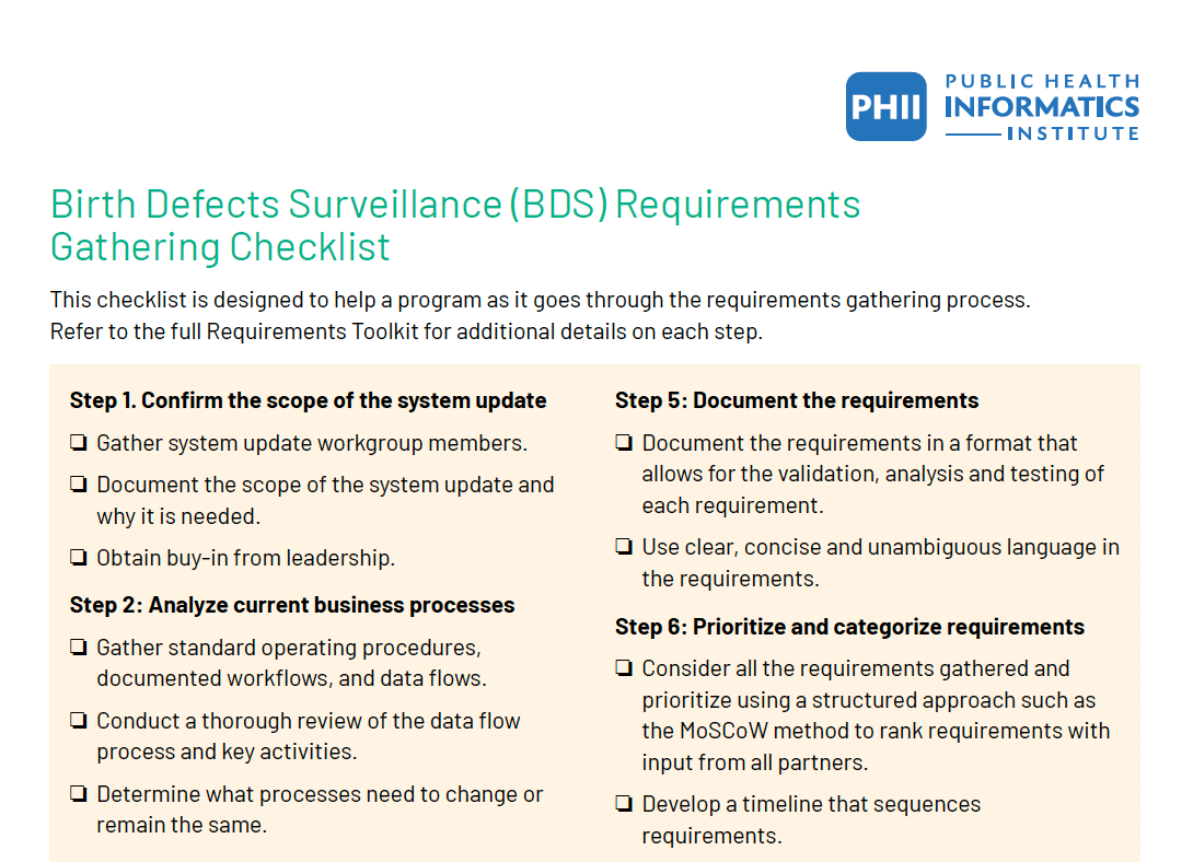 Birth Defects Surveillance Requirements Gathering Checklist - PHII